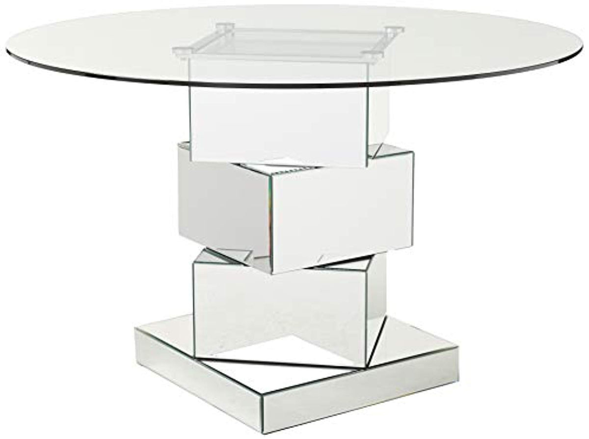 Contemporary Mirrored Dining Table, Round Tempred Glass Top, 50" W x 5