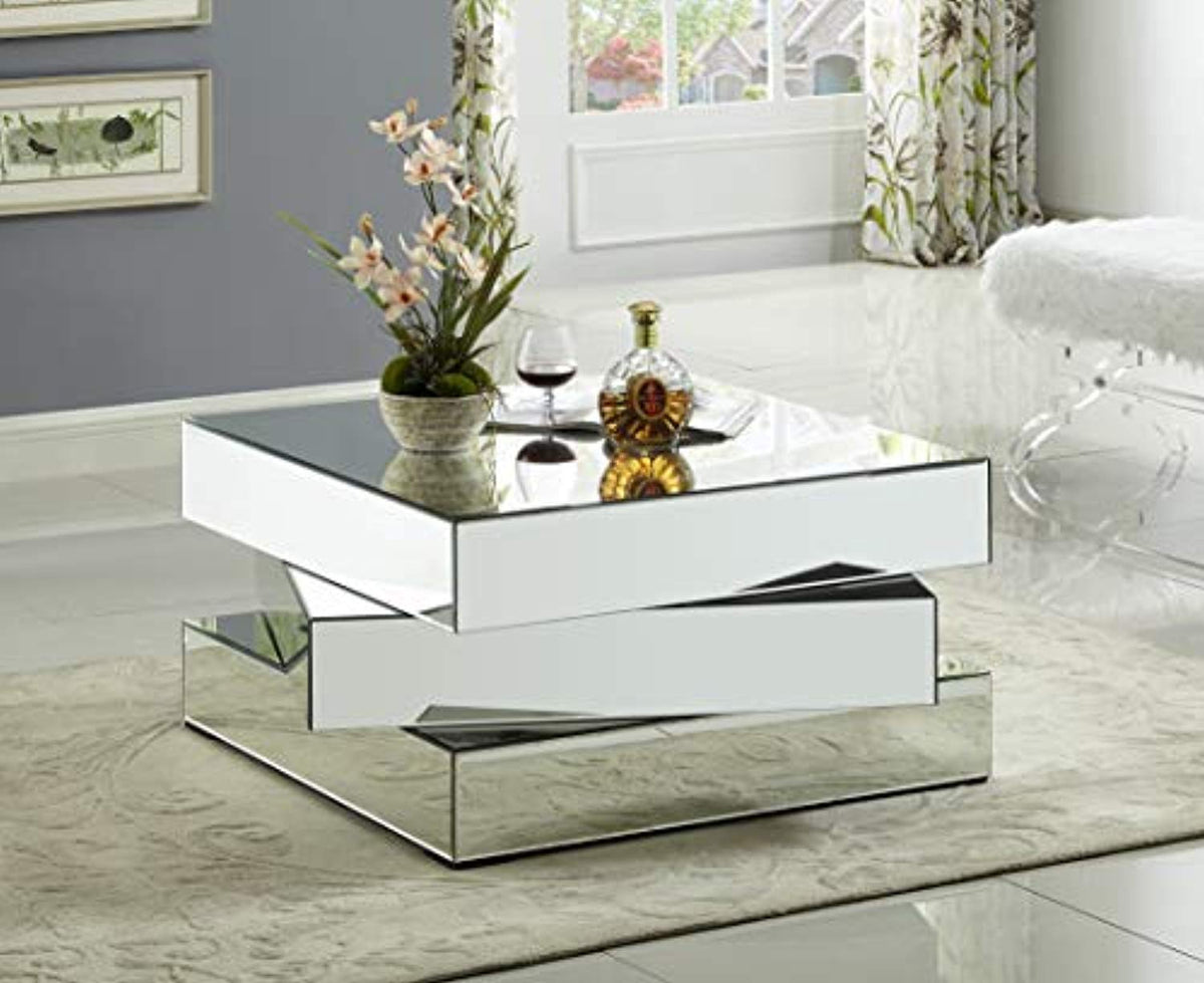 Contemporary Mirrored Coffee Table Featuring a Bold Geometric Design,