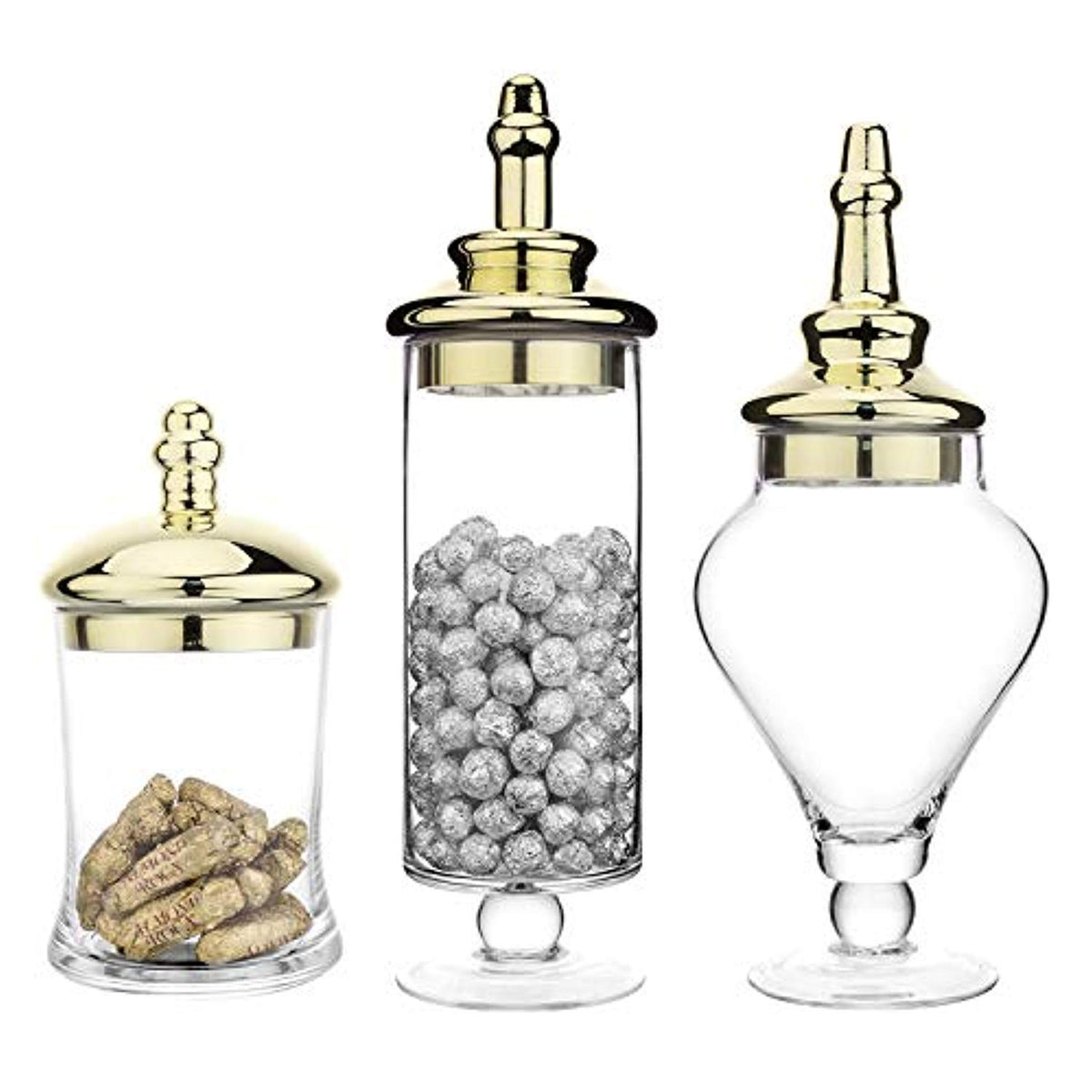 Set of 3 Antique-Theme Glass Apothecary Jars with Metallic Brass-Tone