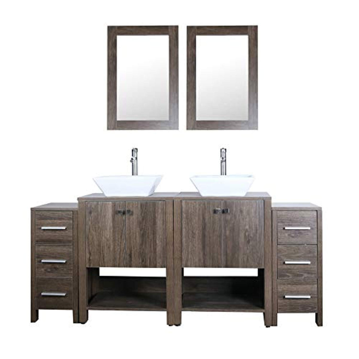 72" Double Sink Bathroom Vanity Brown MDF Wood Cabinet w/Mirror Faucet