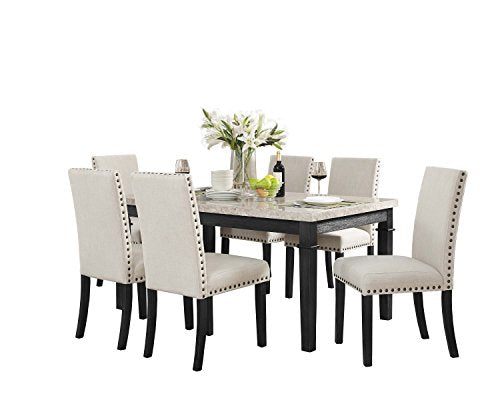 7 Piece Athena Marble Dining Set-Table & 6 Upholstered Side Chairs, Da