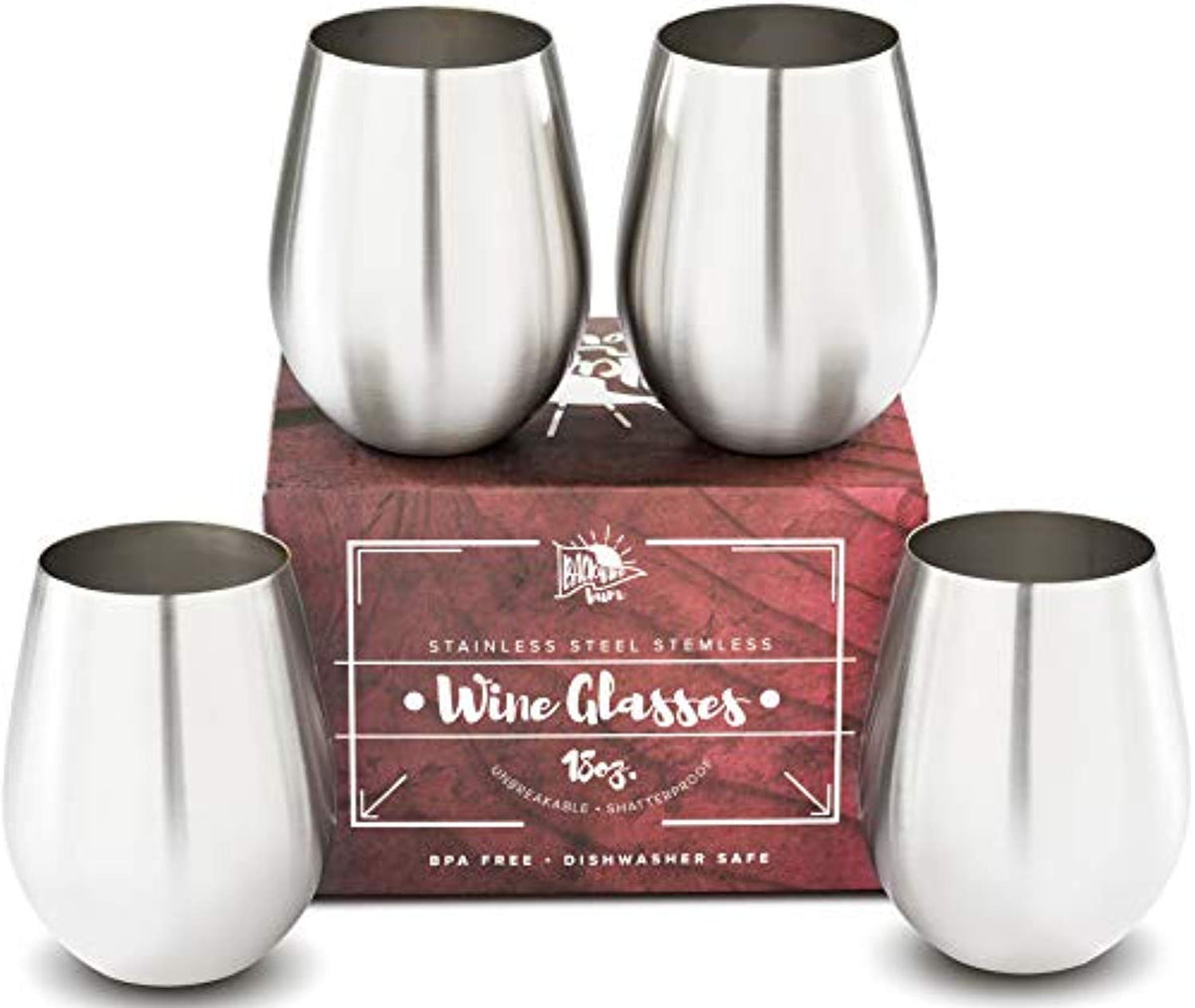 Premium Solid Stainless Steel Wine Glasses - Stemless Set of 4