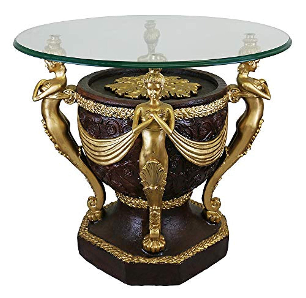 Baroque Style Gilt Round Table with Glass, Decorated with Mermaid Figu