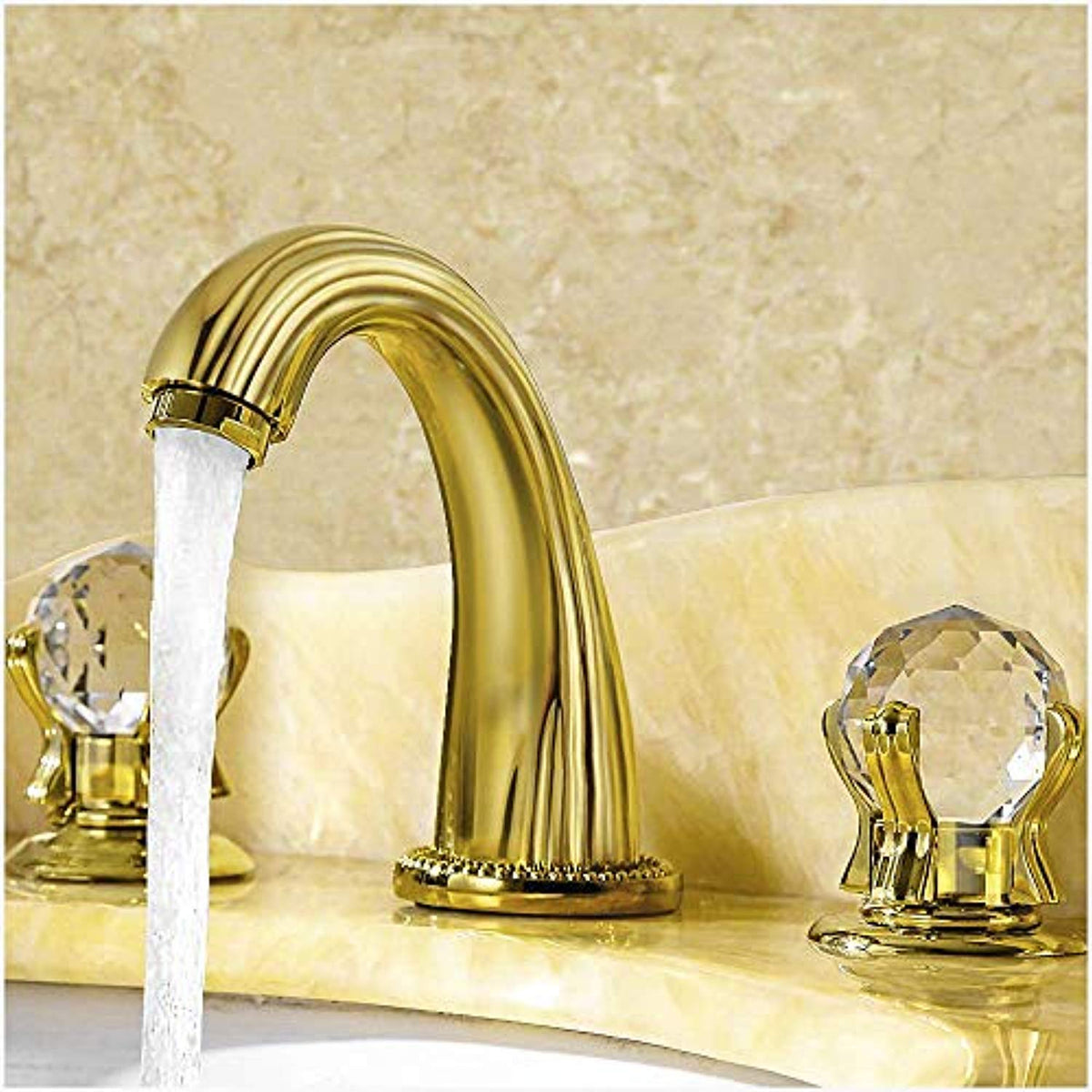 Luxury Gold Finish Bathroom Faucet with Crystal Knobs 3 Holes Bath Sin