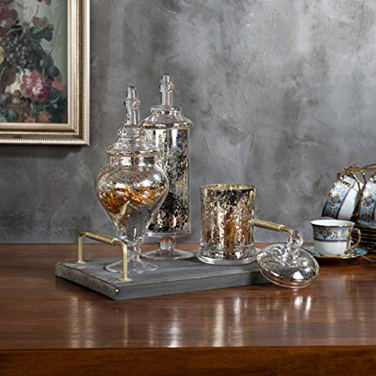 Set of 3 Silver Mercury Glass Apothecary Jars