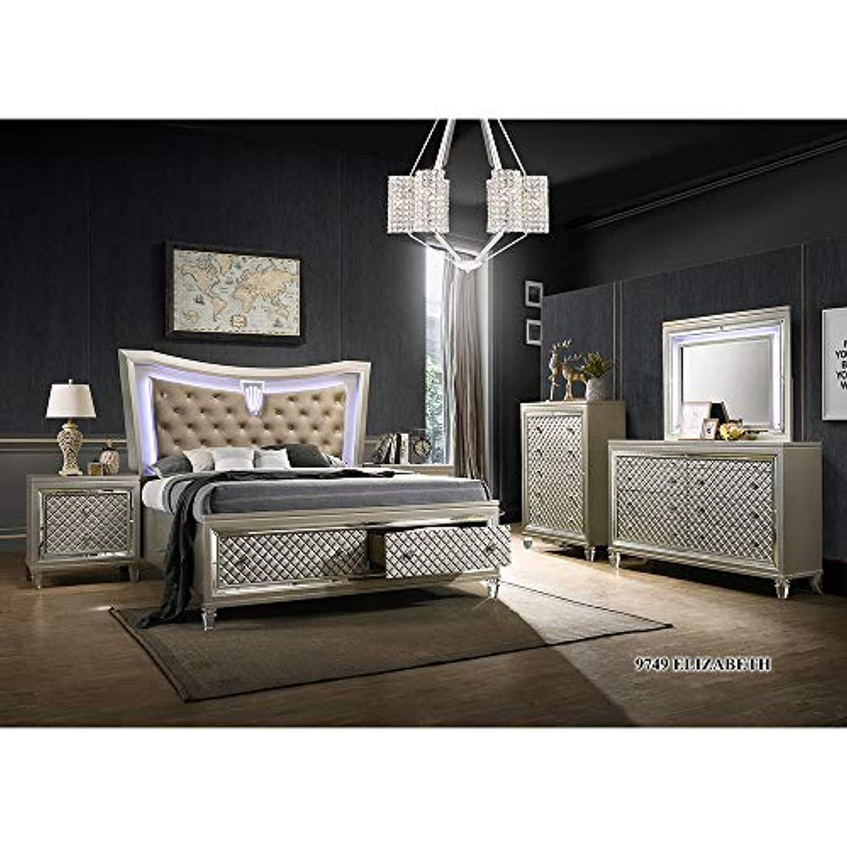 LUXURY 6-Piece Hayley Queen Size Bedroom Set. Bed, Dresser, Mirror, Ch