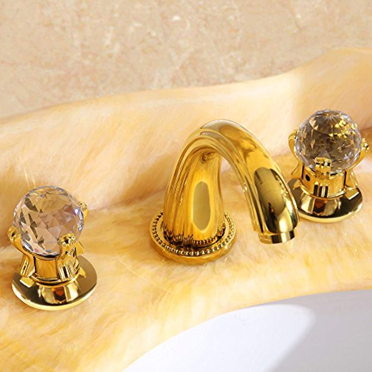 Luxury Gold Finish Bathroom Faucet with Crystal Knobs 3 Holes Bath Sin
