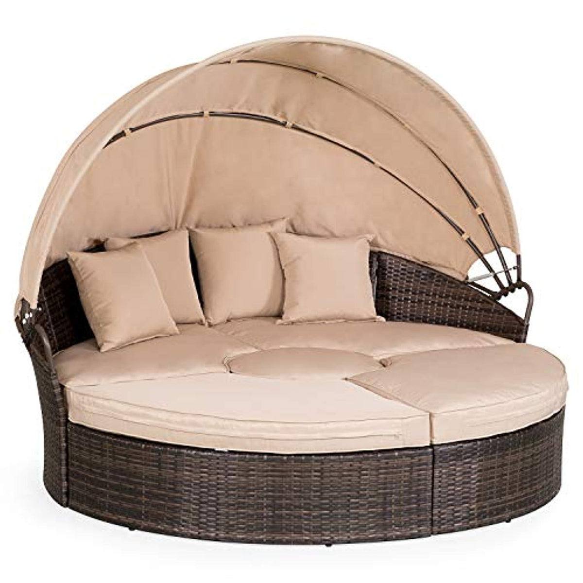 Outdoor Patio Round Daybed with Retractable Canopy and Brown Wicker