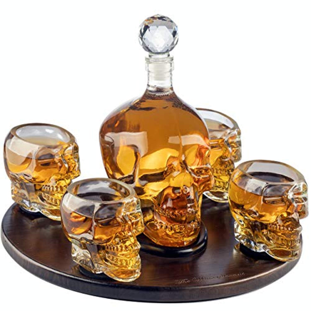 Large Skull Face Decanter with 4 Skull Shot Glasses and Beautiful Wood