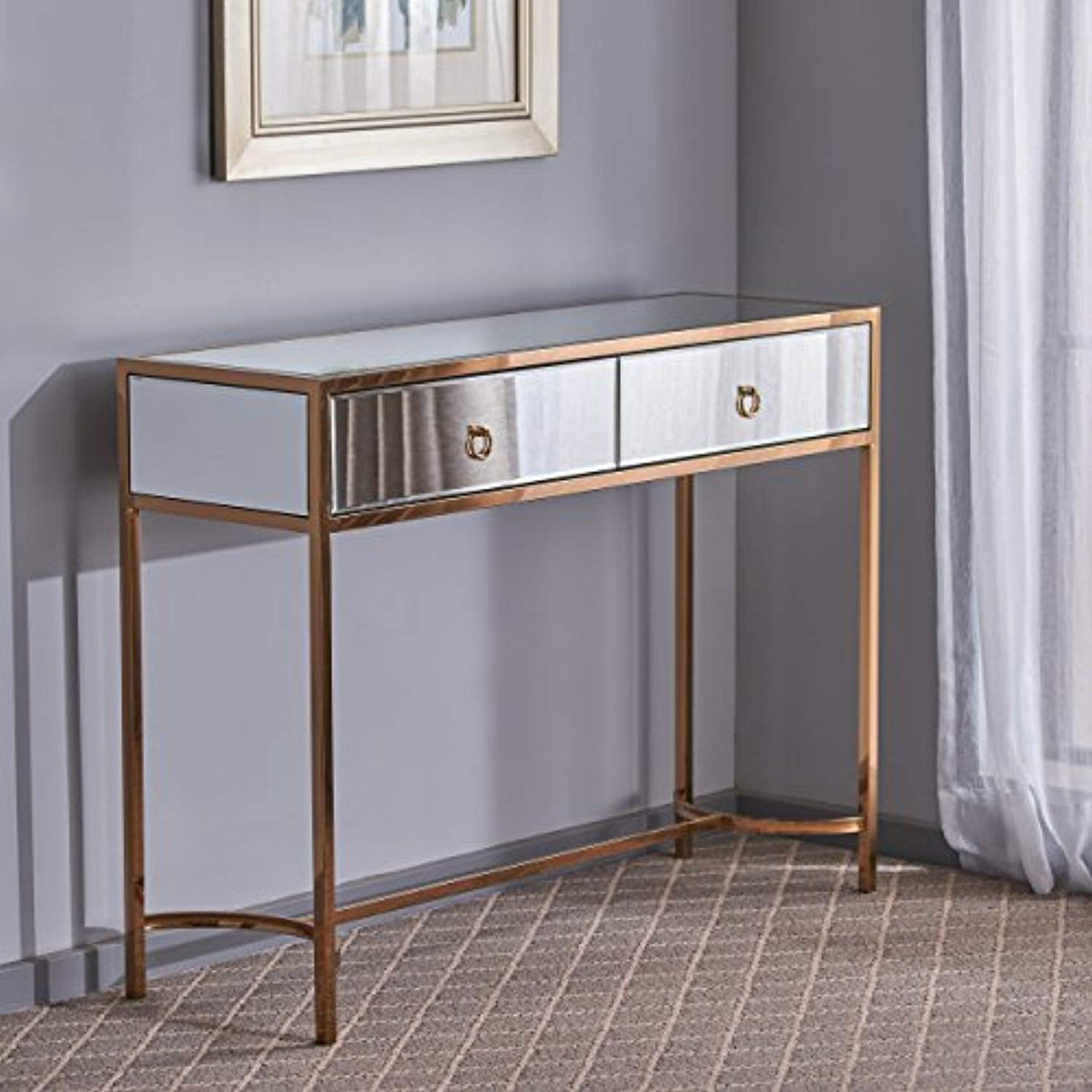 Modern Mirrored Console Table with Finished Stainless Steel Frame in R
