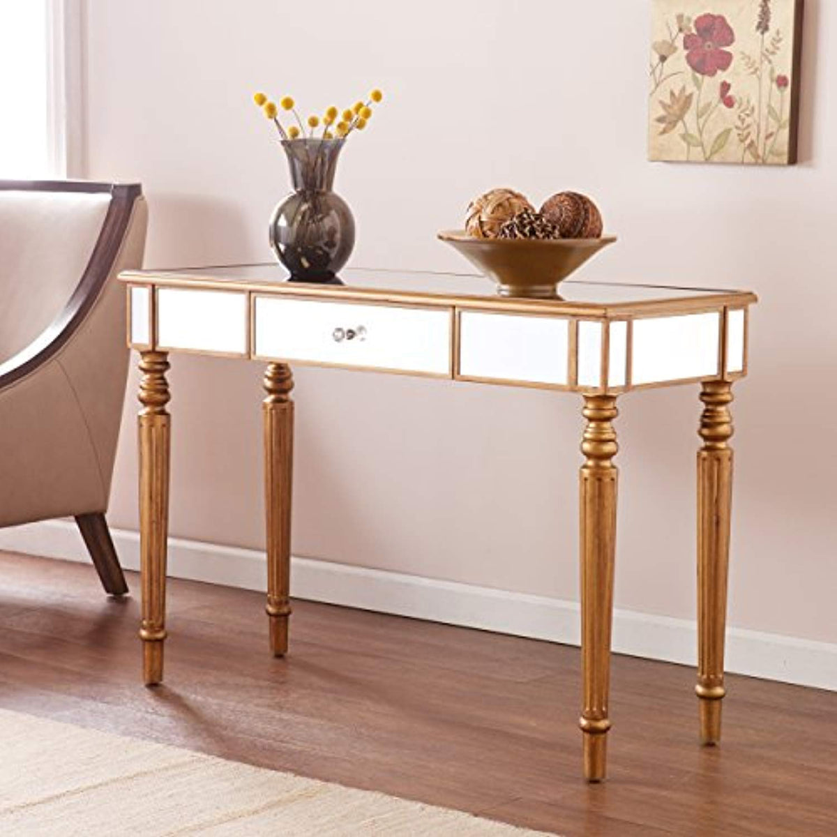 Mirrored Media Console Table, Champagne Gold Finish