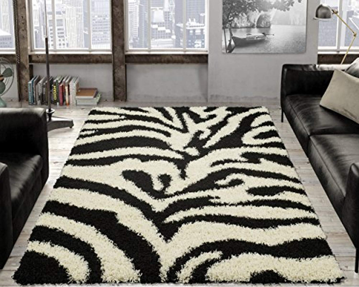 Black and White Animal Print Zebra Design High Pile Soft Shag Area Rug