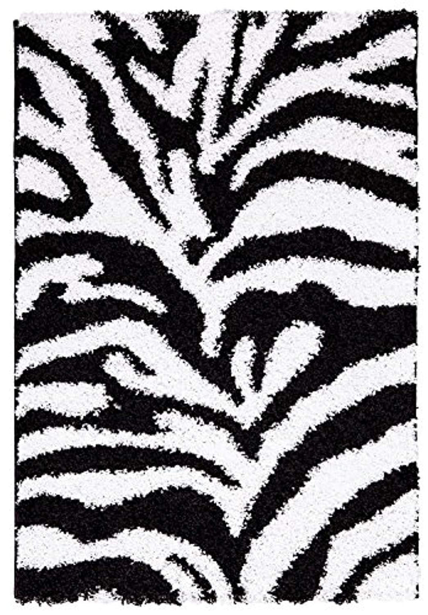 Black and White Animal Print Zebra Design High Pile Soft Shag Area Rug
