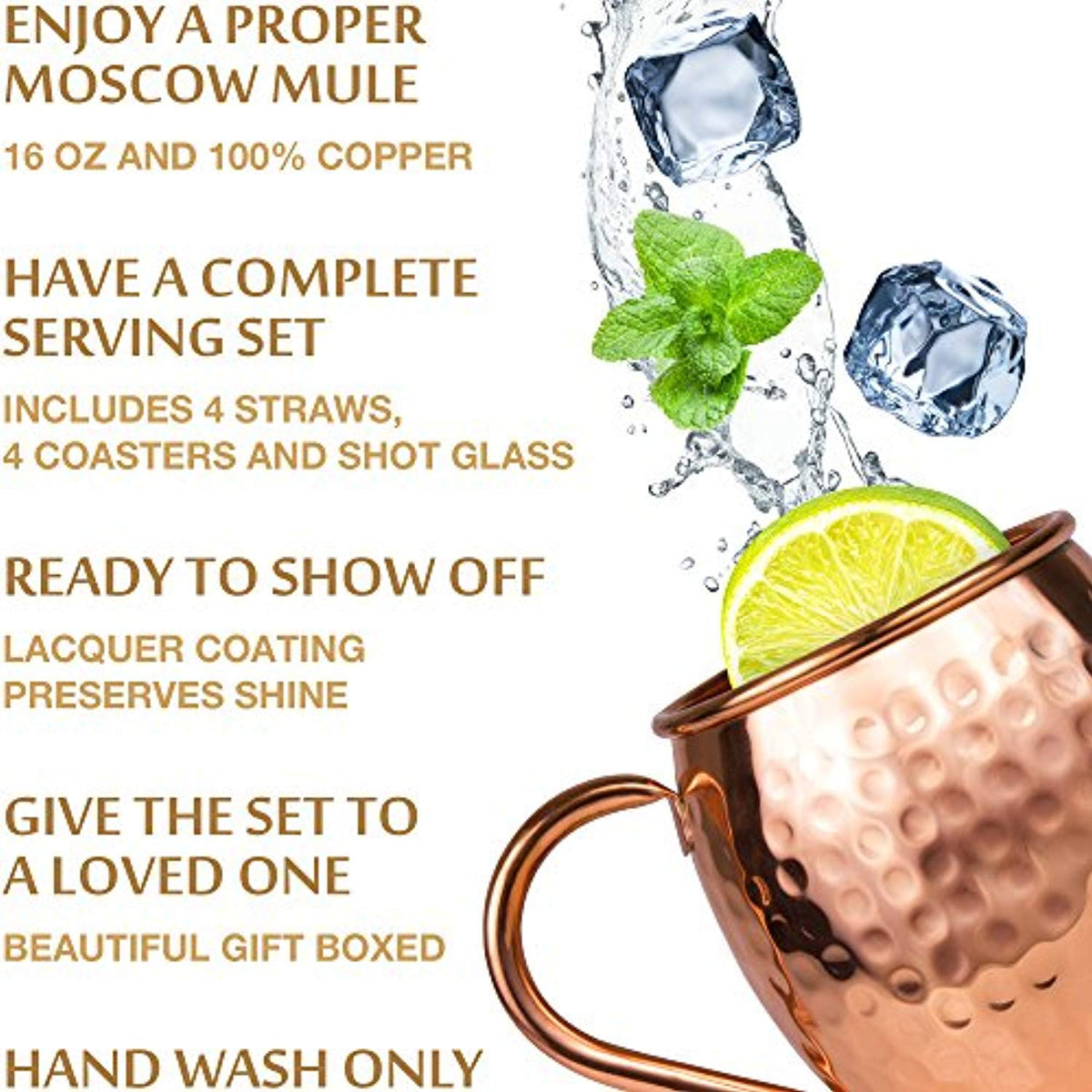 Moscow Mule Copper Mugs Set : 4 16 oz. Solid Genuine Copper Mugs Handm