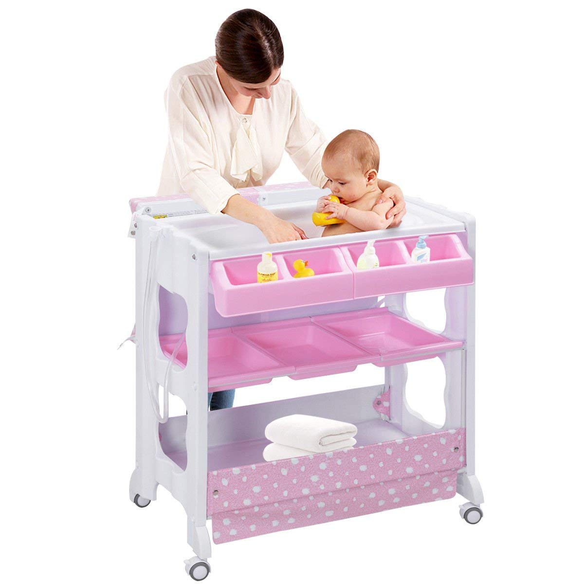 Baby Bath and Changing Table, Diaper Organizer for Infant with Tube