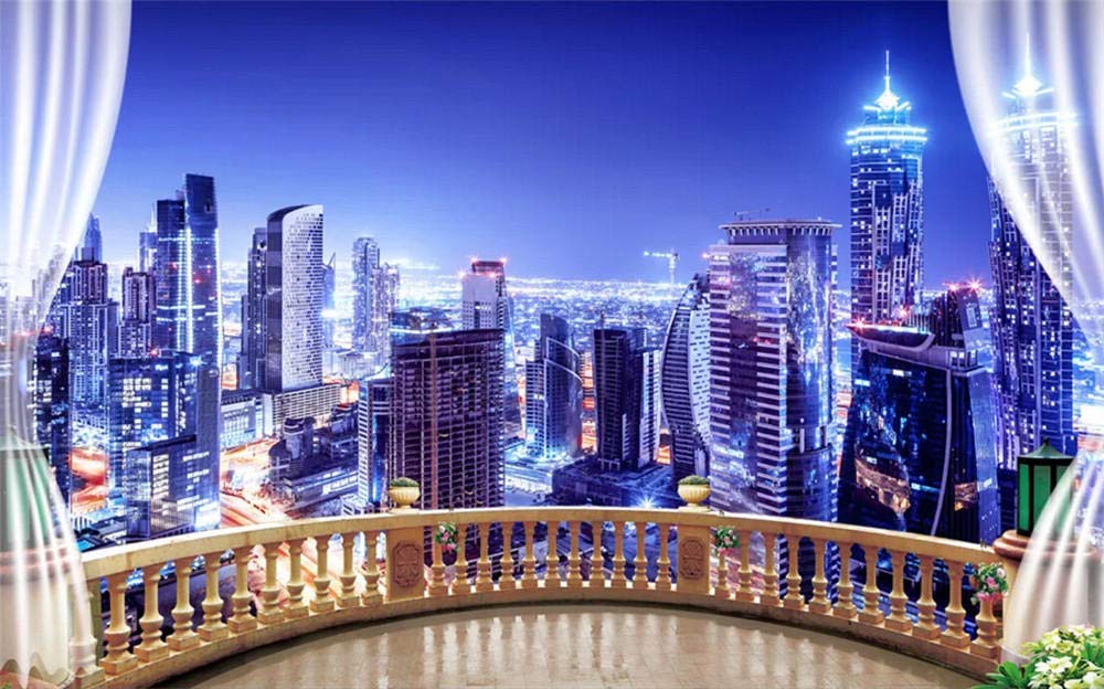 Wall Mural 3D Wallpaper Blue Night View, City Building Wall Decoration