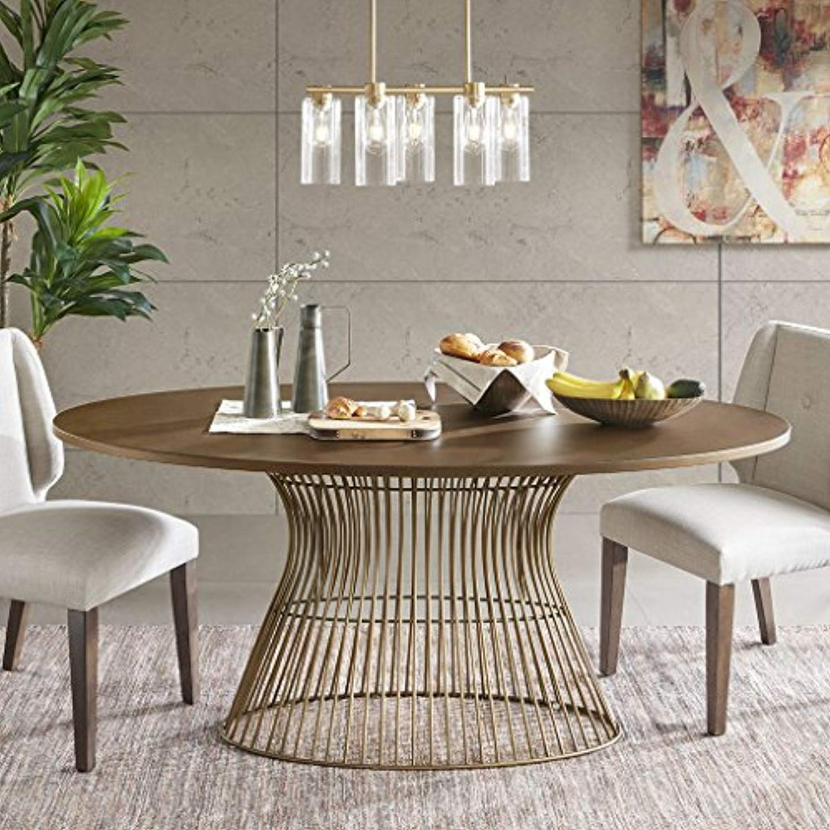 Solid Wood Tabletop, Metal Wire Frame Base Mid-Century Modern Style Di