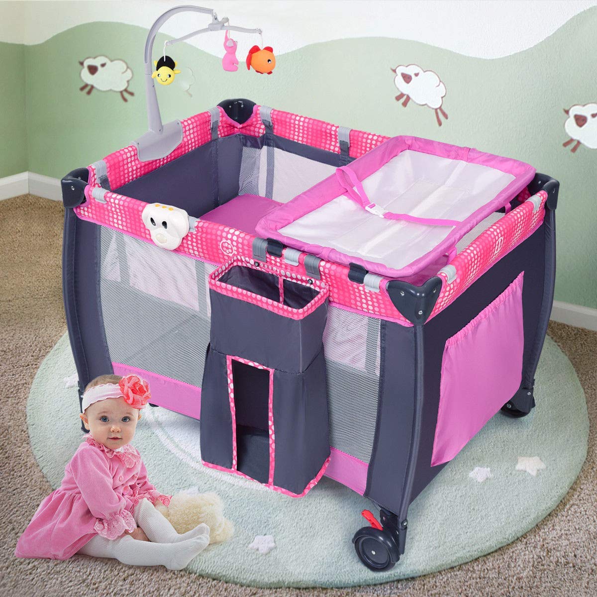 Baby Playard, Convertible Playpen with Bassinet, Changing Table, Folda