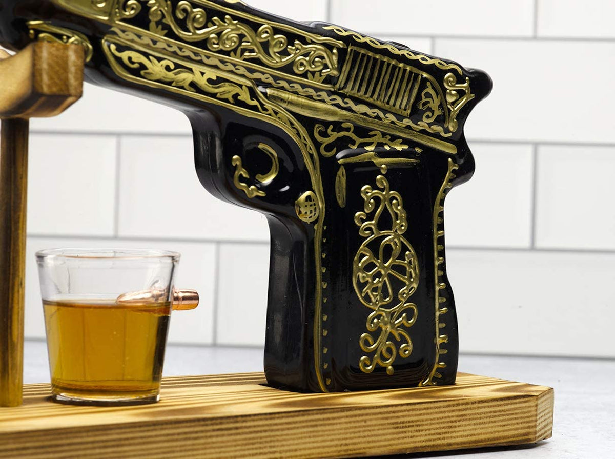 Hand Painted Pistol Whiskey Gun Decanter & 2 Bullet Shot Glasses
