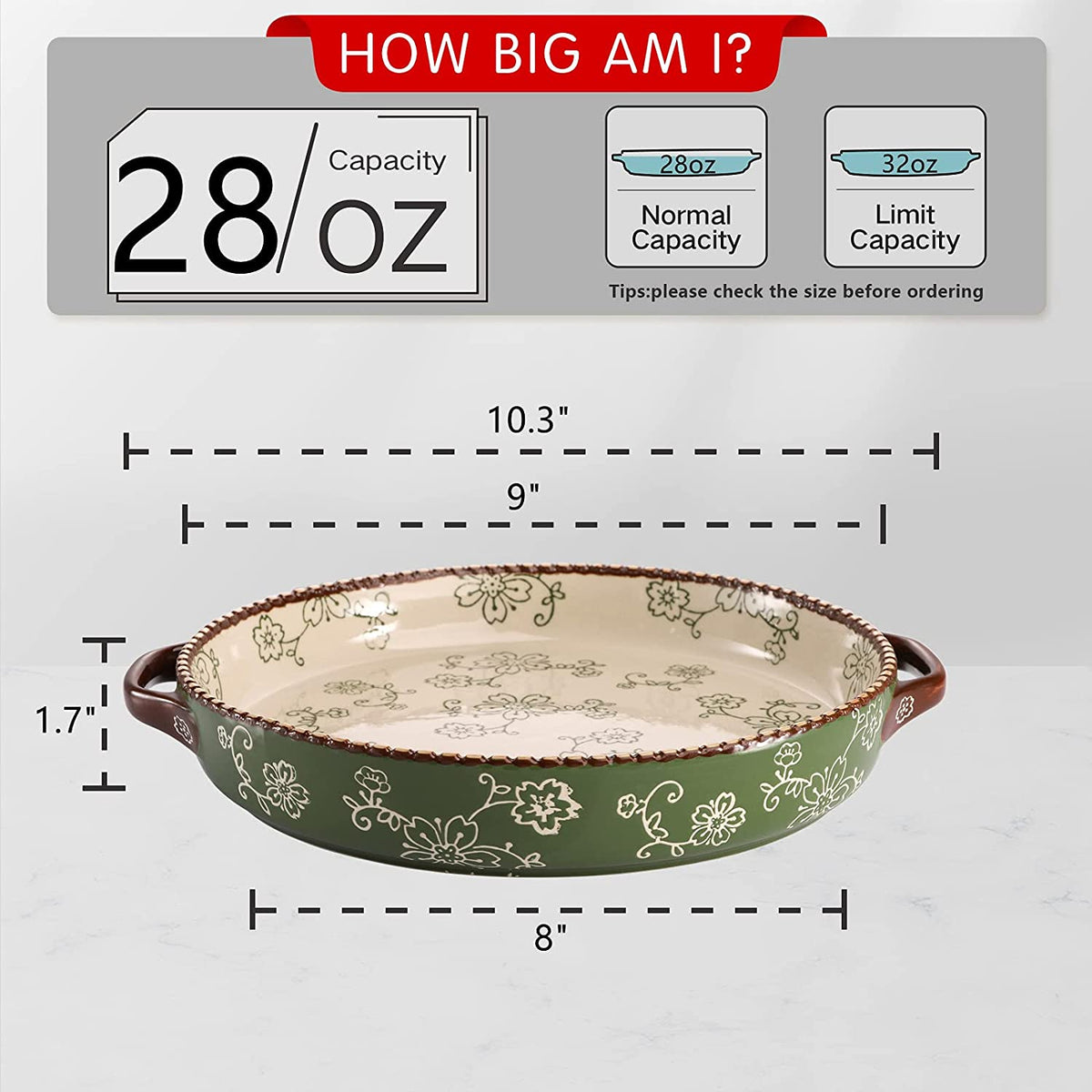 2 Pack Ceramic Pie Pan, 9 Inch Round Baking Dish with Double Handle