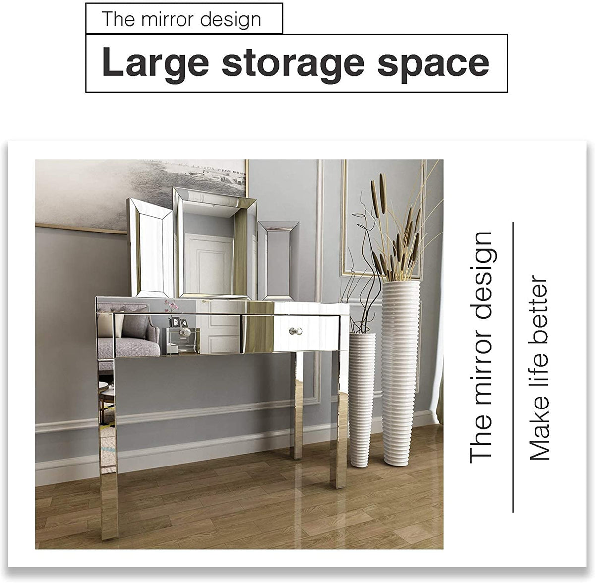 Mirrored Vanity Set with Tri-Folding Mirror Vanity Table with 2 Drawer