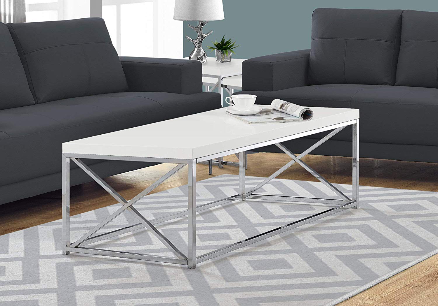 Modern Cocktail Table with Metal Base, 44” L (White)