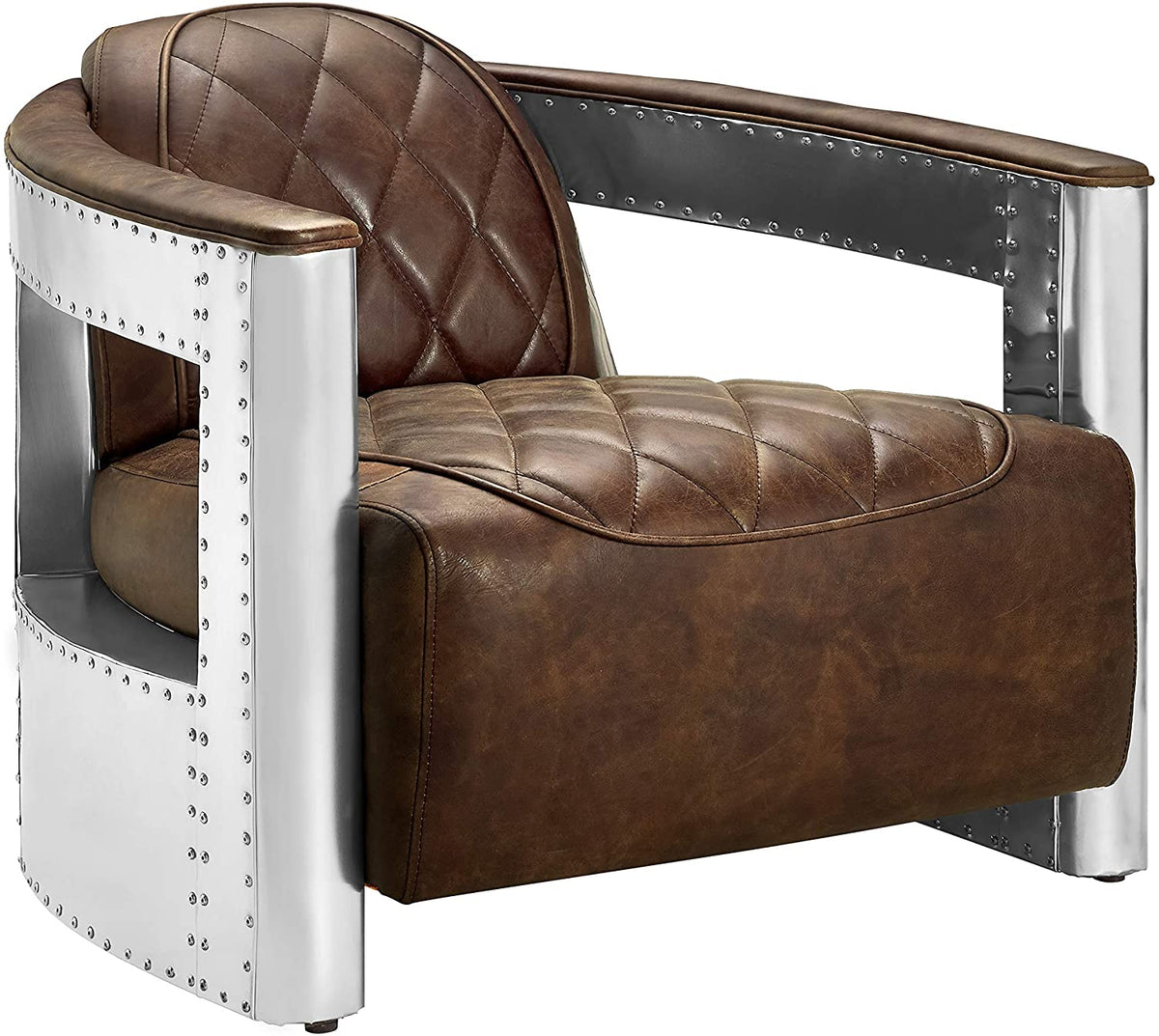 Riveted Metal Frame Brown Leather Chair