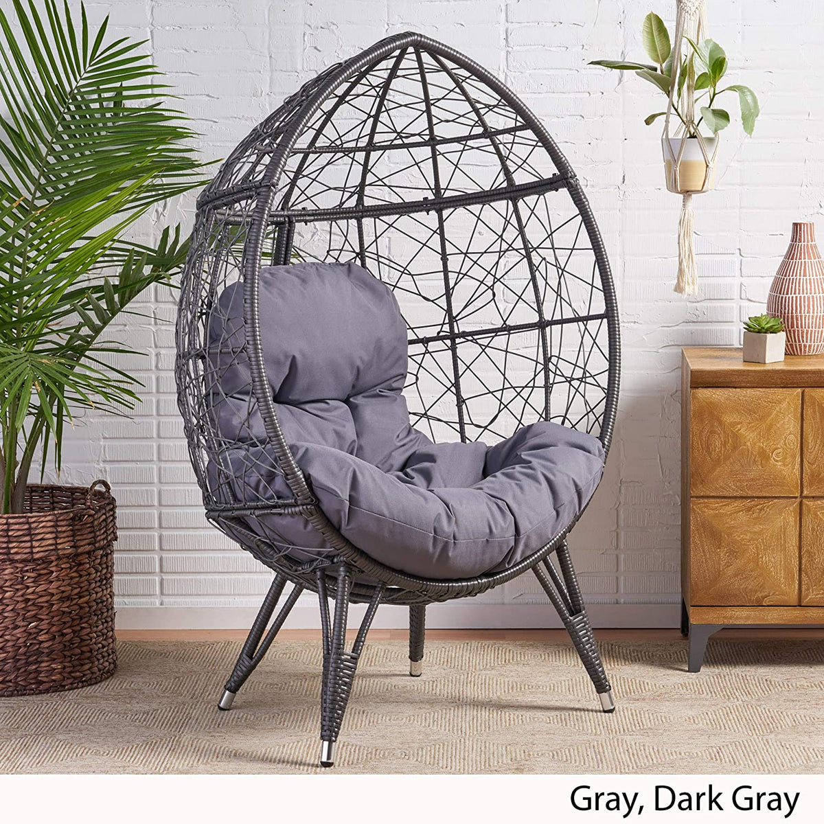 Indoor Wicker Teardrop Chair with Cushion, Gray
