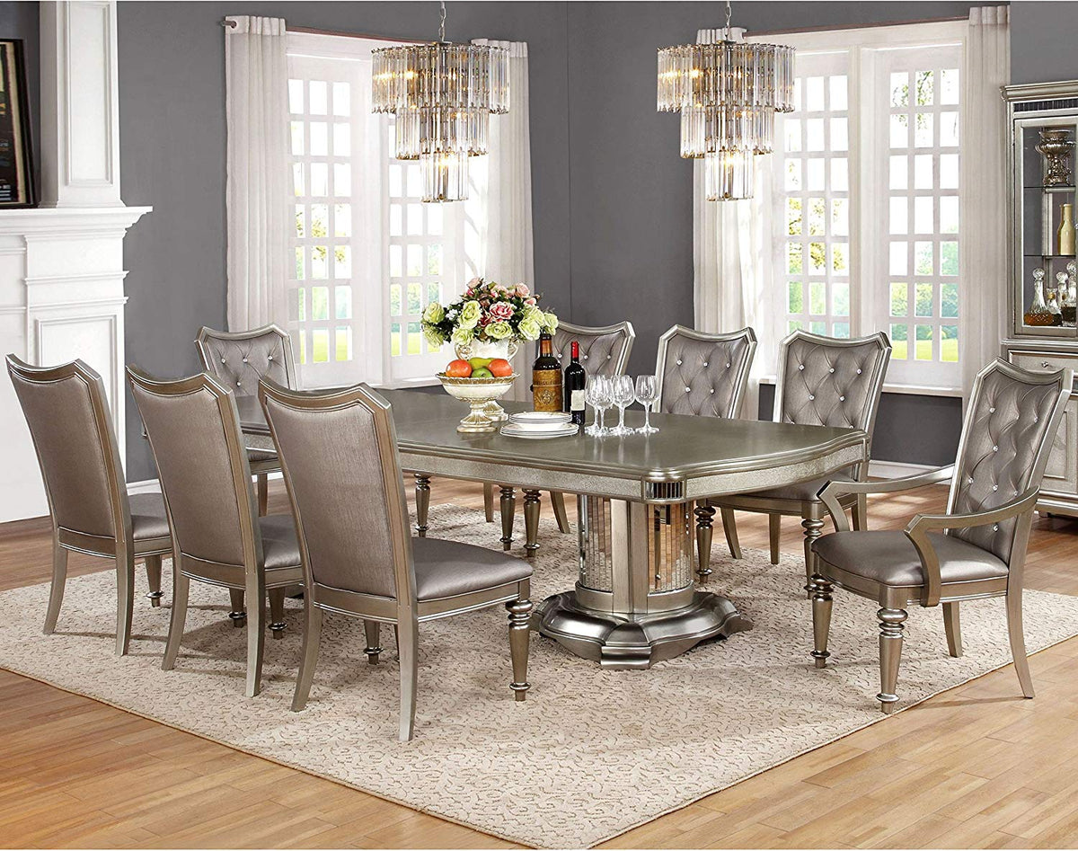Glamour Design Metallic Platinum Rhinestone Button Tufted Dining Set 1