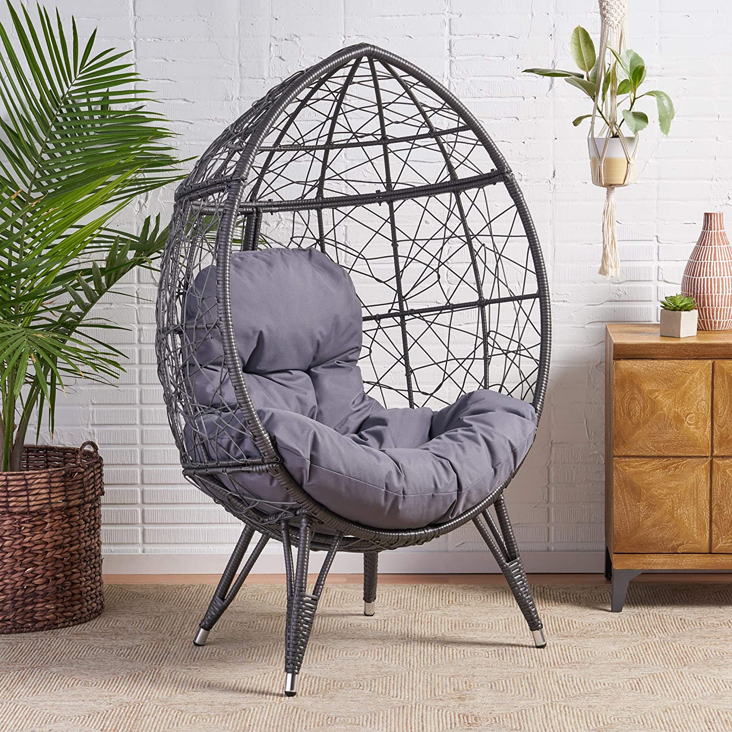 Indoor Wicker Teardrop Chair with Cushion, Gray