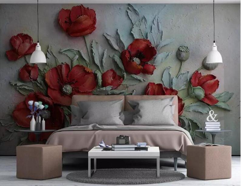 3D Embossed Floral Wallpaper, Red Poppy
