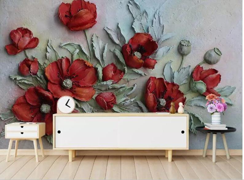 3D Embossed Floral Wallpaper, Red Poppy